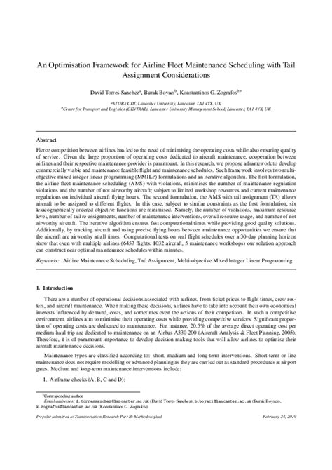 Pdf An Optimisation Framework For Airline Fleet Maintenance