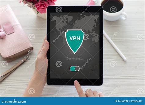 Woman Holding Tablet App Vpn Creation Internet Protocols Protect Stock