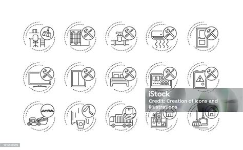 핸디맨 서비스 블랙 라인 아이콘 세트 수리 작업 유지 보수 작업을 포함 내부 및 외부 모두입니다 핸디맨 서비스 웹 페이지 모바일 앱 프로모션에 대한 픽토그램 편집 가능한