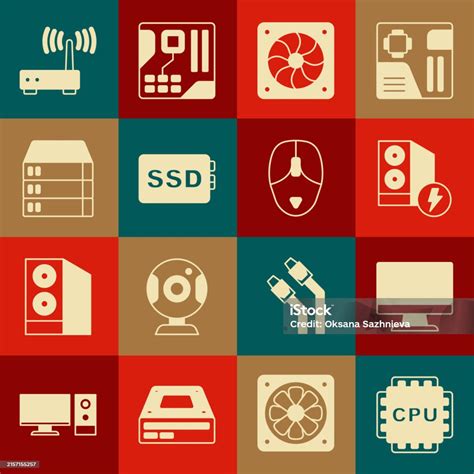 Set Processor With Cpu Computer Monitor Screen Case Of Computer Cooler Ssd Card Server Data Web