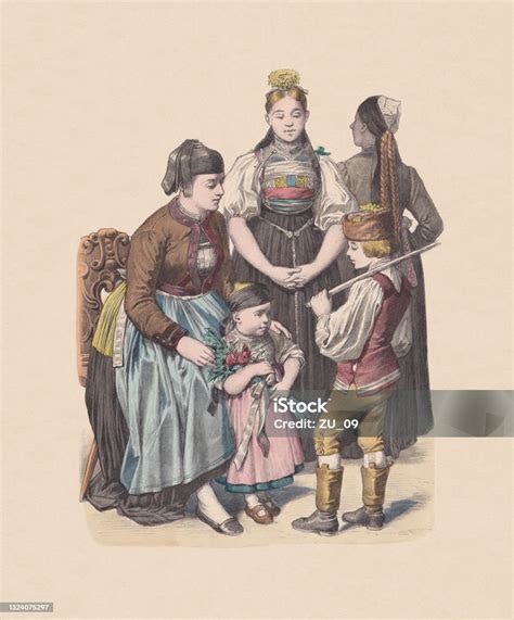 19세기 독일 의상 바덴 수작업으로 물색 나무 조각 출판 C1880 19세기에 대한 스톡 벡터 아트 및 기타 이미지 19세기 5명 가족 Istock