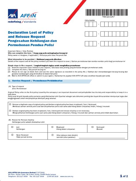 Declaration Lost Of Policy And Reissue Request Pdf
