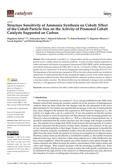Pdf Structure Sensitivity Of Ammonia Synthesis On Cobalt Effect Of The Cobalt Particle Size