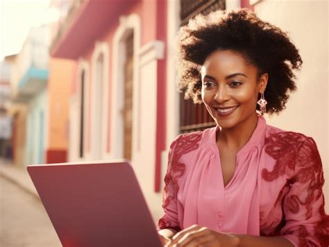 Premium Ai Image Woman From Colombia Working On A Laptop In A Vibrant