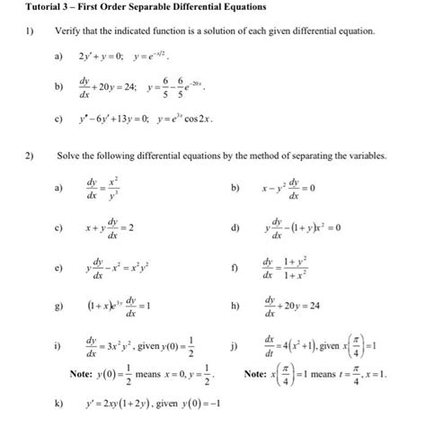 Solved Tutorial 3 First Order Separable Differential