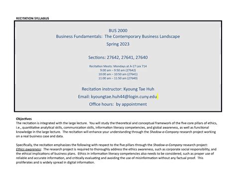 Bus 2000 Syllabus Spring 2023 Recitation Syllabus Bus 2000 Business