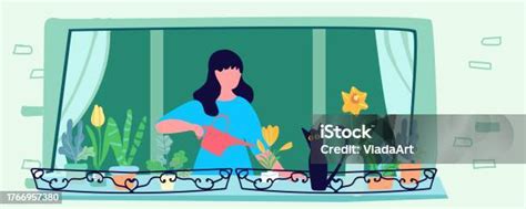 조화와 자기 관리의 개념 젊은 여자 길가에서 창문에 벡터 일러스트 레이 션 가꿔주기에 대한 스톡 벡터 아트 및 기타 이미지