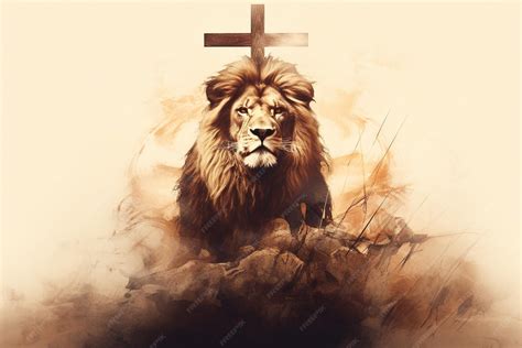 Pintura De Un León Con Símbolo De Cruz En La Cima De La Montaña Ai