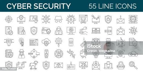 55 사이버 보안 및 보호 편집 가능한 스트로크 픽토그램 세트 Outline 웹 아이콘 모음을 클릭합니다 벡터 그림 금융에 대한