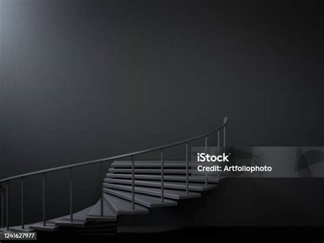 어두운 빈 세이터에서 검은 나선형 계단의 3d 렌더링 텍스트 또는 광고를 게재하기위한 완벽한 그림입니다 비즈니스 성과의 콘셉트 0명에 대한 스톡 사진 및 기타 이미지