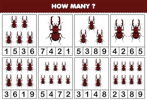 각 테이블에 인쇄 가능한 버그 워크시트에 얼마나 많은 귀여운 만화 딱정벌레가 있는지 세는 어린이용 교육 게임 프리미엄 벡터