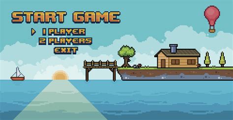 Pixel Art Adventure Game Menu With Sea Island House Tree Deck 8 Bit Vector Background