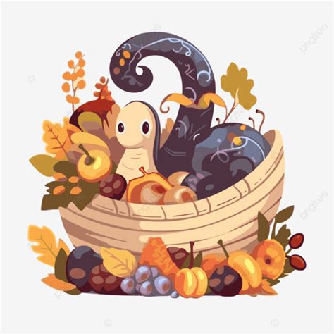 Cute Cornucopia Vector Sticker Clipart Cute Spooky Octopus Is In A Basket With Fruit Cartoon