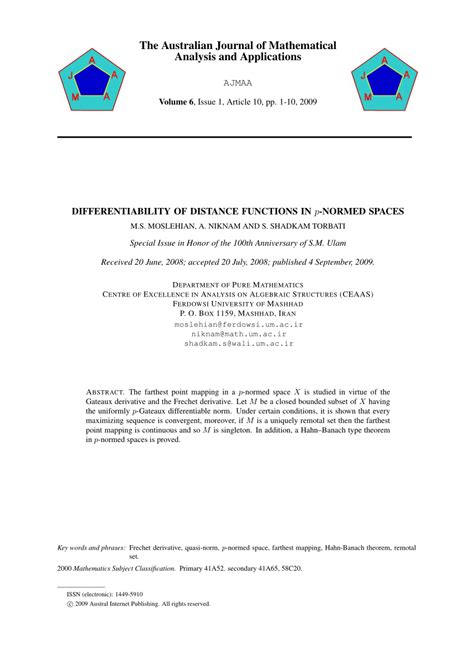 Pdf Differentiability Of Distance Function In P Normed Spaces Pdf Differentiability Of Distance Function In P Normed Spaces