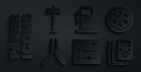 자동차 설정 합금 휠 배터리 점퍼 전원 케이블 멀티미터 가솔린 또는 주유소 및 해머 아이콘을 설정합니다 벡터 3차원 형태에 대한 스톡 벡터 아트 및 기타 이미지 Istock