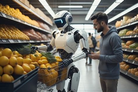 Premium Photo A Robot With A Shopping Cart In A Grocery Store