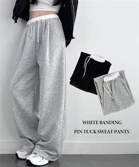 밴딩핀턱11할인 여성용 편한 와이드 팬츠 캐주얼 고무줄 데일리 통바지 화이트밴딩핀턱트레이닝팬츠 에이블리