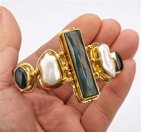 Five Stone On Brass Wire Cuff Bracelet With Long Labradorite Bar