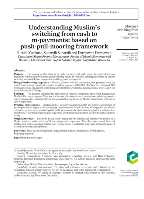 Pdf Understanding Muslims Switching From Cash To M Payments Based On Push Pull Mooring Framework