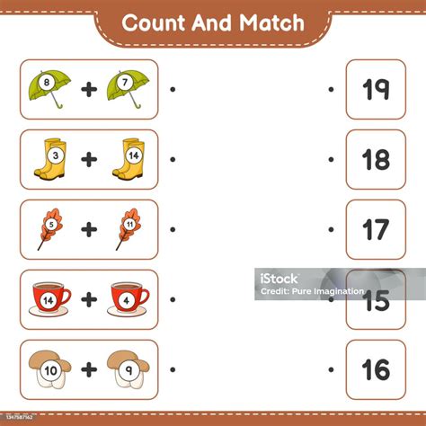 카운트 앤 매치 우산 고무 부츠 오크 리프 커피 컵 버섯 볼레투스의 수를 계산하고 올바른 숫자와 일치합니다 교육 어린이 게임 인쇄 워크 시트 벡터 일러스트레이션 0명에 대한