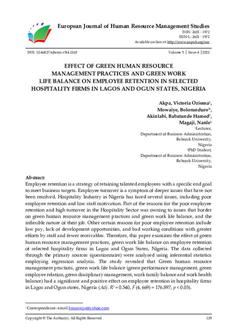 Pdf Effect Of Green Human Resource Management Practices And Green Work Life Balance On