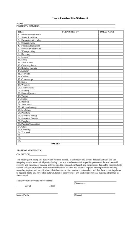 Free Printable Sworn Statement Templates Word PDF For Construction