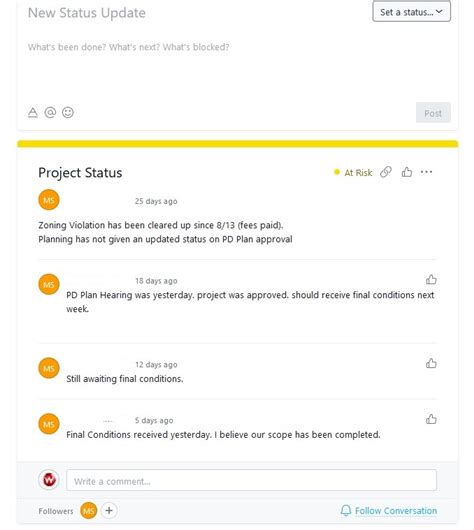 when a project status has comments developers and api asana forum