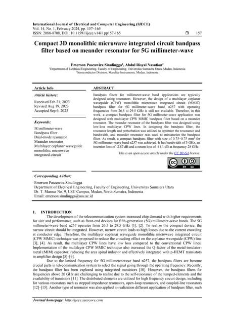 Compact 3d Monolithic Microwave Integrated Circuit Bandpass Filter Based On Meander Resonator