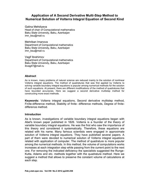 Pdf Application Of A Second Derivative Multi Step Method To Numerical Solution Of Volterra