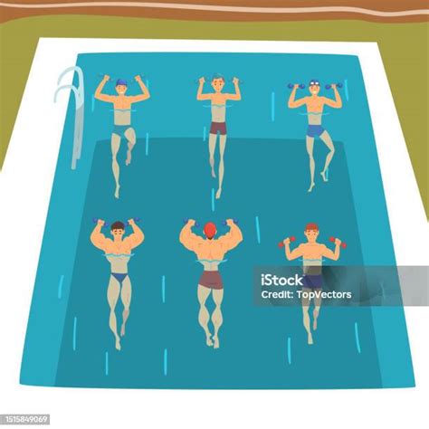 수영장에서 아쿠아 에어로빅을 하는 사람들 물 만화 벡터 삽화에서 덤벨로 운동하는 남자들 건강관리와 의술에 대한 스톡 벡터 아트 및 기타 이미지 건강관리와 의술 건강한