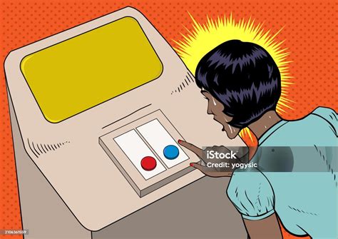 Vector Pop Art Sweating Woman Choosing Button Meme Stock Illustration