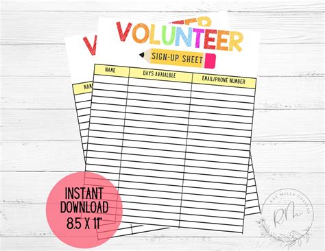 Printable School Volunteer Sign Up Sheet Pdf Etsy