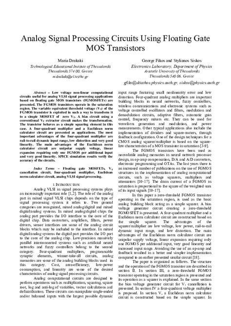 Pdf Analog Signal Processing Circuits Using Floating Gate Mos Transistors