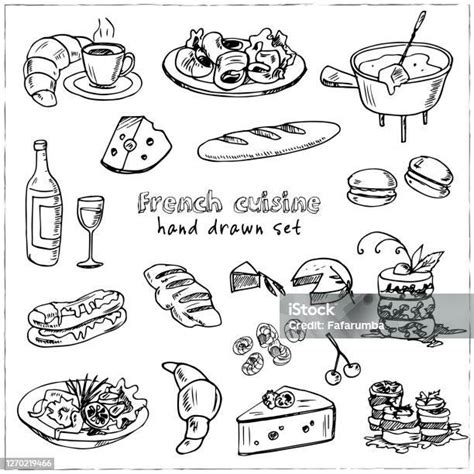 손으로 그린 프랑스 요리 음식 스케치 주요 요리 디저트 음료의 다른 종류 카페 메뉴 전단지 칠판에 대한 흰색 배경에 격리 된 벡터 세트 일러스트레이션에 대한 스톡 벡터 아트