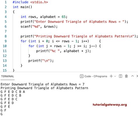 C Program To Print Downward Triangle Alphabets Pattern
