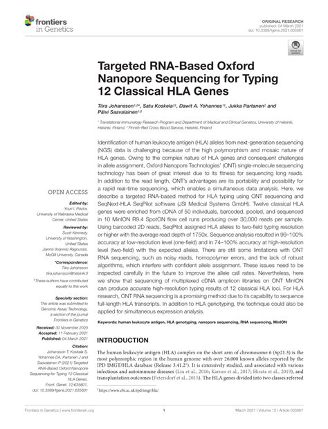 Pdf Targeted Rna Based Oxford Nanopore Sequencing For Typing 12 Classical Hla Genes