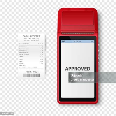 벡터 3d 빨간색 Nfc 지불 기계 및 종이 수표 영수증 격리 와이파이 무선 결제 Pos 단말기 은행 결제 비접촉식 단말기의 기계 설계 템플릿 모형 탑 뷰 3차원 형태에