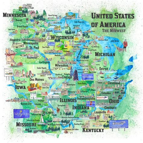Usa Midwest States Travel Map Mn Wi Mi Ia Ky Il In Oh Mo With