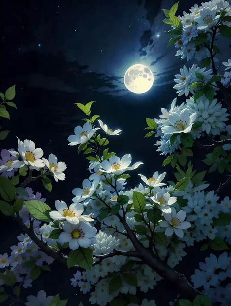Full Moon And White Flowers Cherry Blossoms Under Moonlight