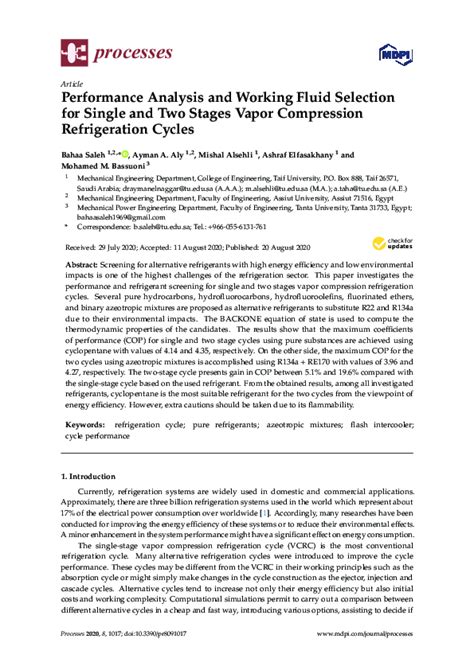 Pdf Performance Analysis And Working Fluid Selection For Single And Two Stages Vapor