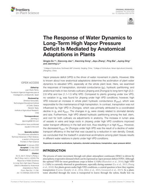 Pdf The Response Of Water Dynamics To Long Term High Vapor Pressure Deficit Is Mediated By