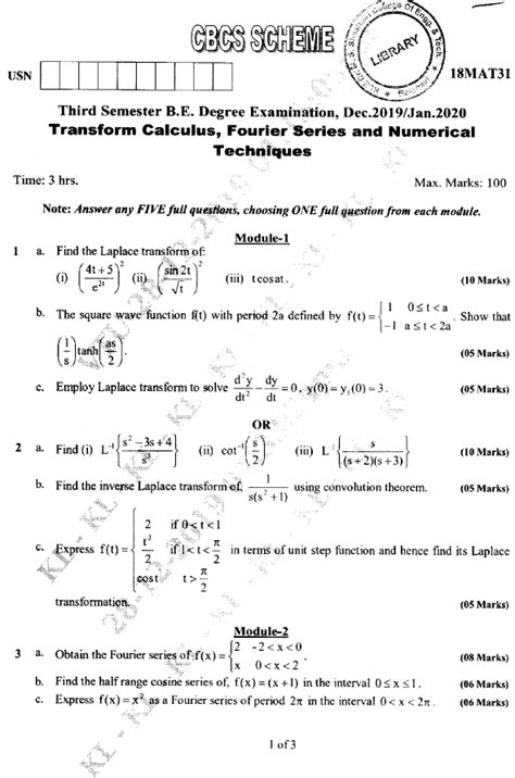 Visvesvaraya Technological University B E Cbcs Third Semester 18mat31 Transform Calculus