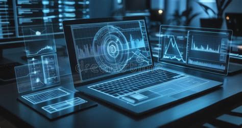 High Tech Workspace With Glowing Holographic Interfaces Stock