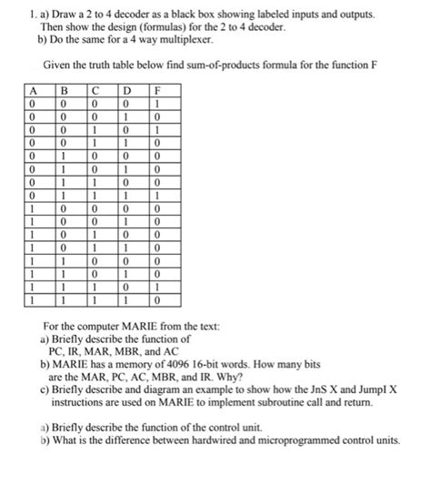 Solved 1 A Draw A 2 To 4 Decoder As A Black Box Showing