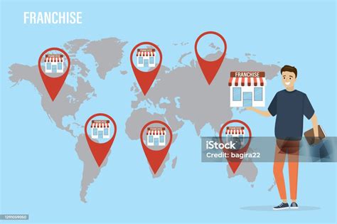 글로벌 프랜차이즈 네트워크 개발 상점과 세계지도 손에 새로운 상점을 가진 사업가 또는 투자자 프랜차이즈 마케팅 시스템 영업권에