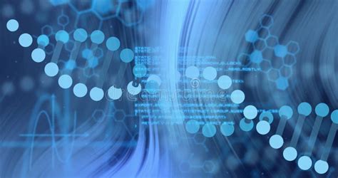 DNA Strand And Scientific Data Processing Image Over Blue Abstract Background Stock Photo