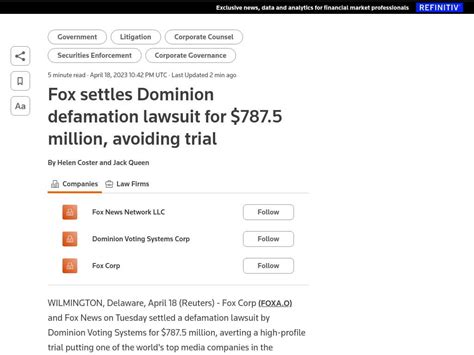Fox Settles Dominion Defamation Lawsuit For 7875 Million Avoiding
