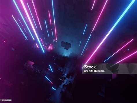 네온 자외선 조명 기술 디지털 배경이있는 도시 밝은 핑크와 블루 네온 렌즈 플레어 안개가 자욱한 환경 3d 렌더링 0명에 대한 스톡 사진 및 기타 이미지 Istock