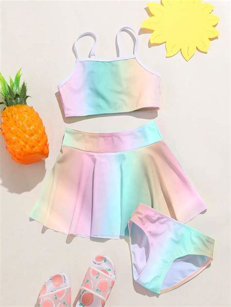 Tween Girl Ombre Bikini Set With Beach Skirt Summer Beach Shein Uk
