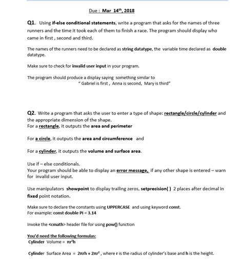 Solved Due Mar Th Using If Else Conditional Chegg